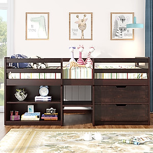 BIADNBZ Twin Size Low Loft Bed with Storage Drawers and Two Shelves, Solid Wood Kids LoftBed Frame for Boys Girls Bedroom, Antique Espresso
