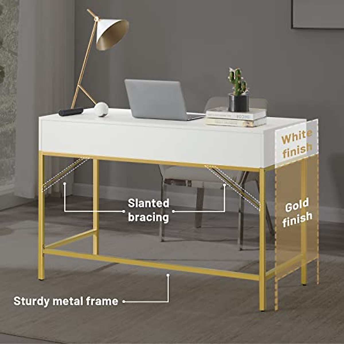 SUPERJARE Vanity Desk with Drawers, 47 inch Computer Desk, Modern Simple Home Office Desks, Makeup Dressing Table for Bedroom - White and Gold