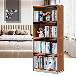 MoNiBloom Tall Book Storage Cabinet with Doors, 4 Tier Bamboo Free Standing Book Shelf Organizer Stand for Children's Student, Hallway, Home Office, Brown