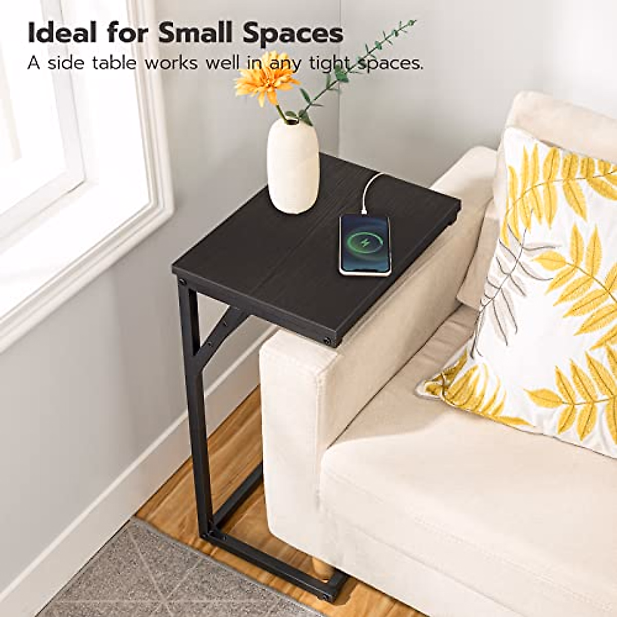 HOOBRO C Shaped End Table with Charging Station, Narrow Sofa Couch Side Table for Small Space, Industrial Bedside Table with Metal Frame for Living Room, Bedroom, Dorm, Black BB06USF01