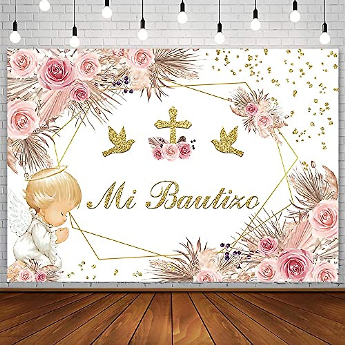 SENDY 7x5ft Mi Bautizo Backdrop Boho Baptism God Bless First Holy Communion Party Decorations for Girl Angel Pink Floral Gold Cross Glitter Background Christening Newborn Baby Shower Photo Booth Props