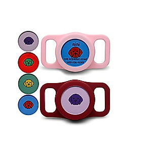 Writable Round Dog ID Tag Name Address Phone Number Tags Collar Pendant Accessories Compatible with Apple Airtag Tracker, Silicone AirTag Case Pet Collar,Tags Round Paper Tags to Write,Wine Red Pink