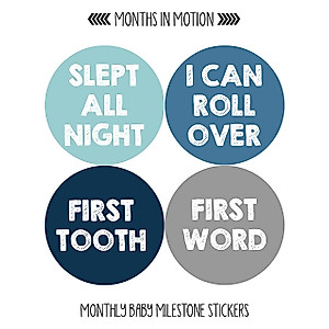 Months in Motion Baby Monthly Stickers - Baby Milestone Stickers - Newborn Boy Stickers - Month Stickers for Baby Boy - Baby Boy Stickers - Newborn Monthly Milestone Stickers - Set of 20