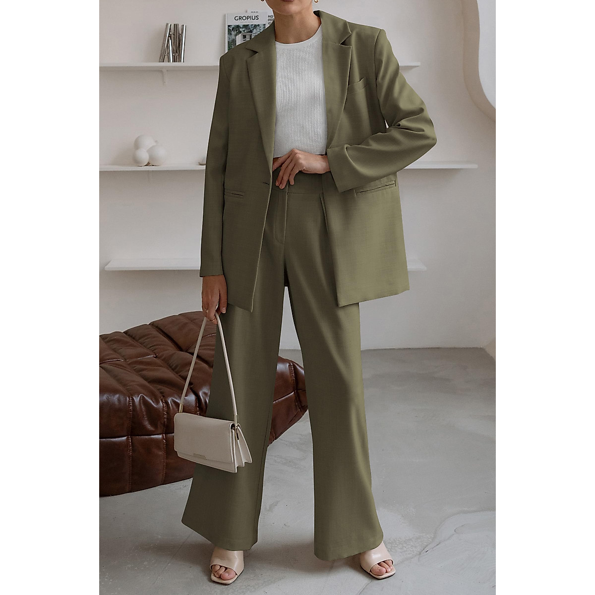 PRETTYGARDEN Women's 2024 Fall Two Piece Outfits Blazer Jacket and Wide Leg Pants Pockets Business Casual Suit Sets (Army Green,Large)