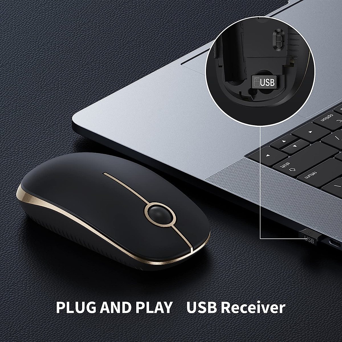 Vssoplor Wireless Mouse, 2.4G Slim Portable Computer Mouse with Nano Receiver Quiet Silent Optical Laptop Mouse for Notebook, PC, Laptop, Computer-Black and Gold