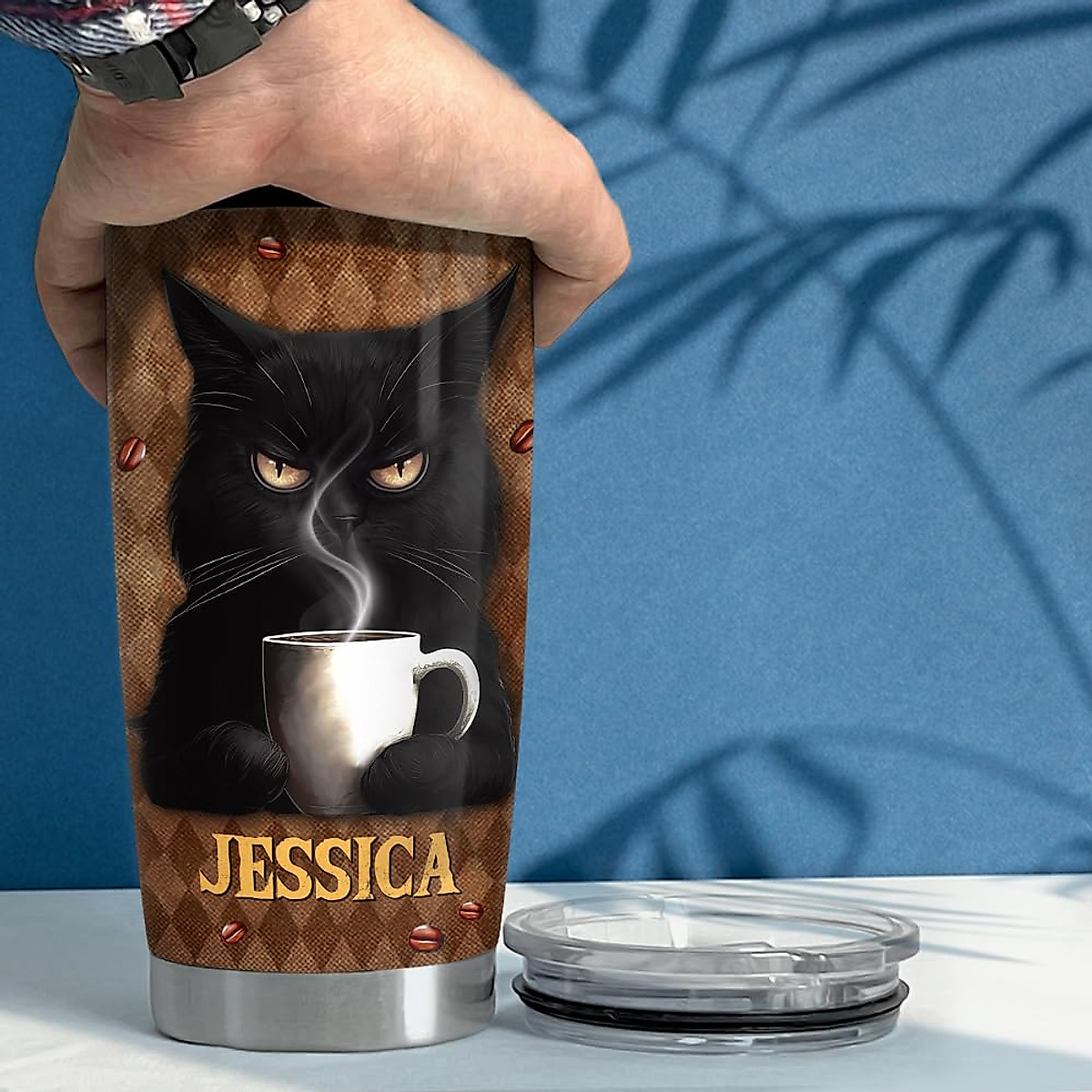 SANDJEST Personalized Black Cat Tumbler Funny Coffee 20oz 30oz Tumblers with Lid Gift for Women Girl Daughter Sister Mom Cat Lovers Christmas Birthday