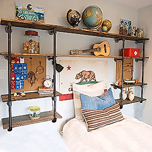Melody House Industrial Pipe Shelving Wall Mounted Rustic Floating Shelves Iron Shelves for Wall DIY Bookshelf Brackets for Home Kitchen Office (4 Tier, 2 Pcs, 37” Tall, 12” Deep)