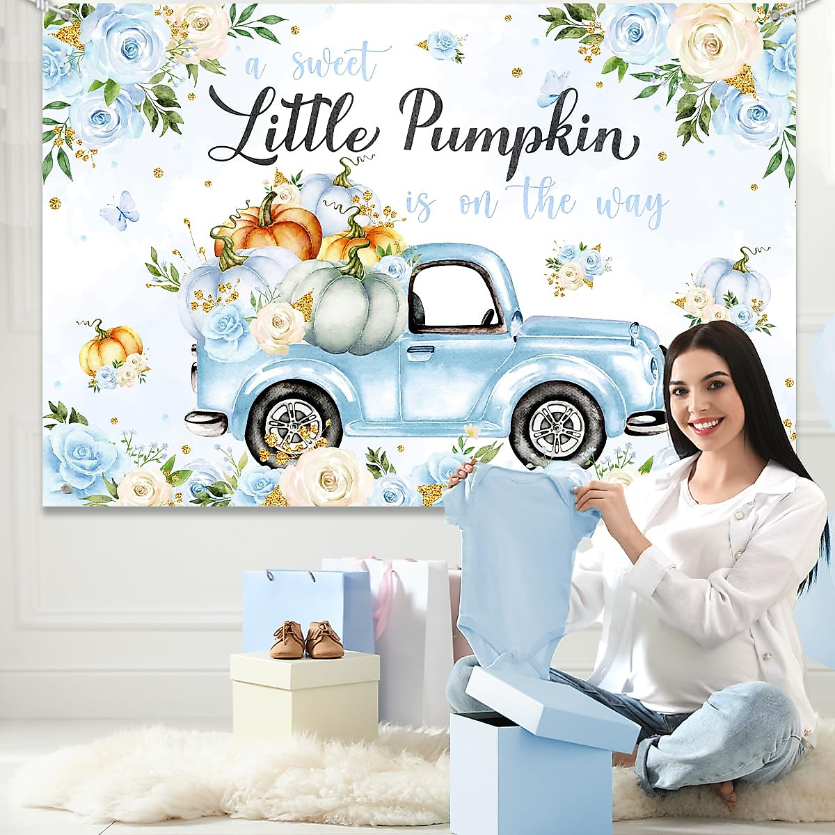Little Pumpkin Baby Shower Decoration Backdrop for Boy A Sweet Little Pumpkin is On The Way Fall Blue Floral Truck Photography Background It's a Boy Party Decor Banner 5x3ft