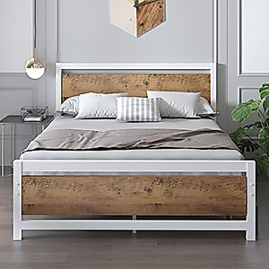 Catrimown Queen Platform Metal Bed Frame with Wooden Headboard and Footboard/Rustic Country Style Mattress Foundation/No Box Spring Needed/Under Bed Storage/Strong Slat Support (White, Queen)
