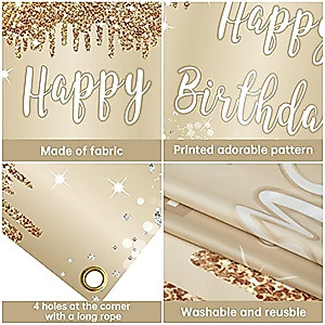 Gold White Happy Birthday Banner Decorations for Women Girls, Gold Glitter Happy Birthday Backdrop Party Supplies, 16th 18th 21st 30th 40th 50th 60th Birthday Background Poster Decor(72.8 x 43.3 Inch)