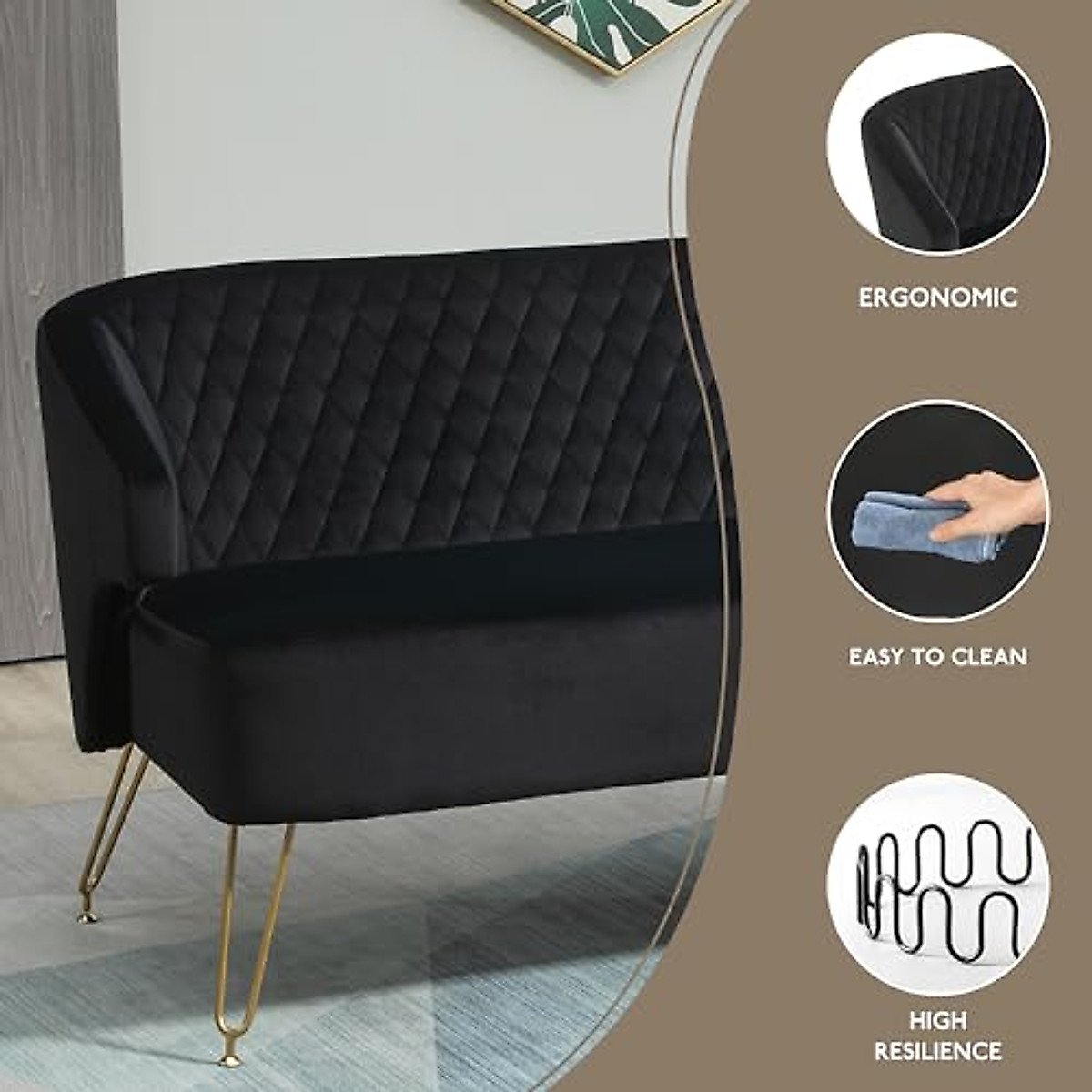 QQU Modern Velvet Loveseat Sofa, Comfy Upholstered Seat Couch with Metal Legs, 2-Seater Accent Sofa Chair, Living Room Sofa with Tufted Backrest, Black