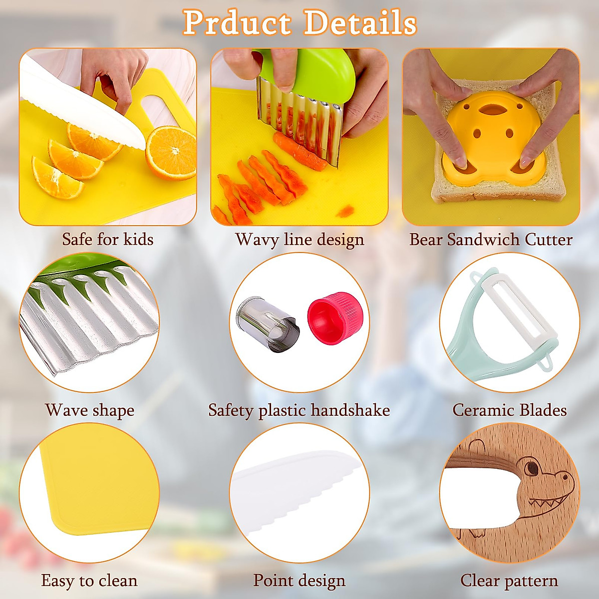 VERTGB 12 Pcs Kids Knife Set,Wooden Kids Kitchen Knife,Kids Knives for Real Cooking,Plastic Kids Knife with Cutting Board,Serrated Edges Toddler Knife,Potato Slicer,Y Peeler,DIY Mold