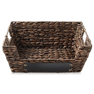 Casafield Set of 2 Water Hyacinth Pantry Baskets with Handles, Chalkboard Labels, and Marker - Espresso, Wide Woven Storage Bin Organizers for Kitchen Shelves