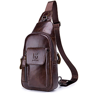 BULLCAPTAIN Mens Leather Crossbody Bag Shoulder Sling Bag Casual Daypacks Chest Bags for Travel Hiking Backpacks (Coffee)
