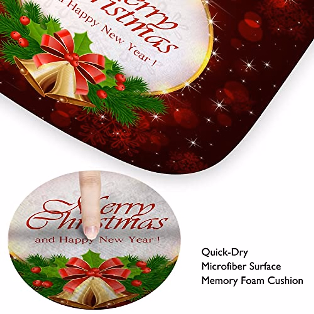 CALARVUK 4PC Merry Christmas Bathroom Sets with Shower Curtain and Rugs, Golden Christmas Bells Shower Curtain Set with Non-Slip Rugs, Toilet Lid Cover and Bath Mat, Holiday Bathroom Decoration Set