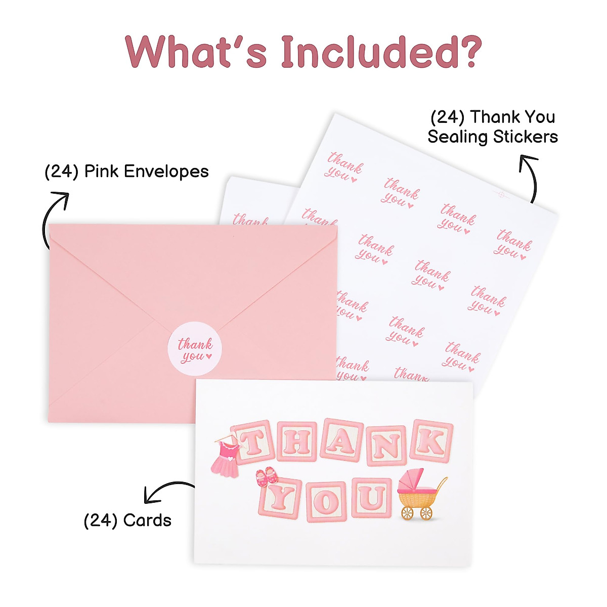 apearrie Baby Shower Thank You Cards with Envelopes, Set of 24 Thank You Cards Baby Shower, Pink Baby Thank You Cards with Envelopes, Thank You Baby Shower Cards