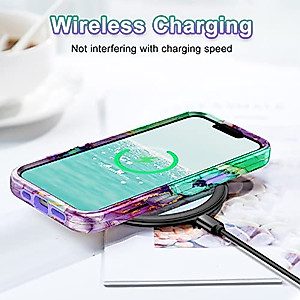CASEFIV Compatible with iPhone 13 Case, Marble Pattern 3 in 1 Heavy Duty Shockproof Full Body Rugged Hard PC+Soft Silicone Drop Protective Girls Women Cover for iPhone 13 6.1 inch 2021, Purple Green