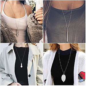 YQZIYOU 4 PCS Long Necklaces for Women - Fashion Pendant Necklace Jewelry, Silver Bar Feather Circle Leaf Lock Tassel Y Necklace Jewelry Set