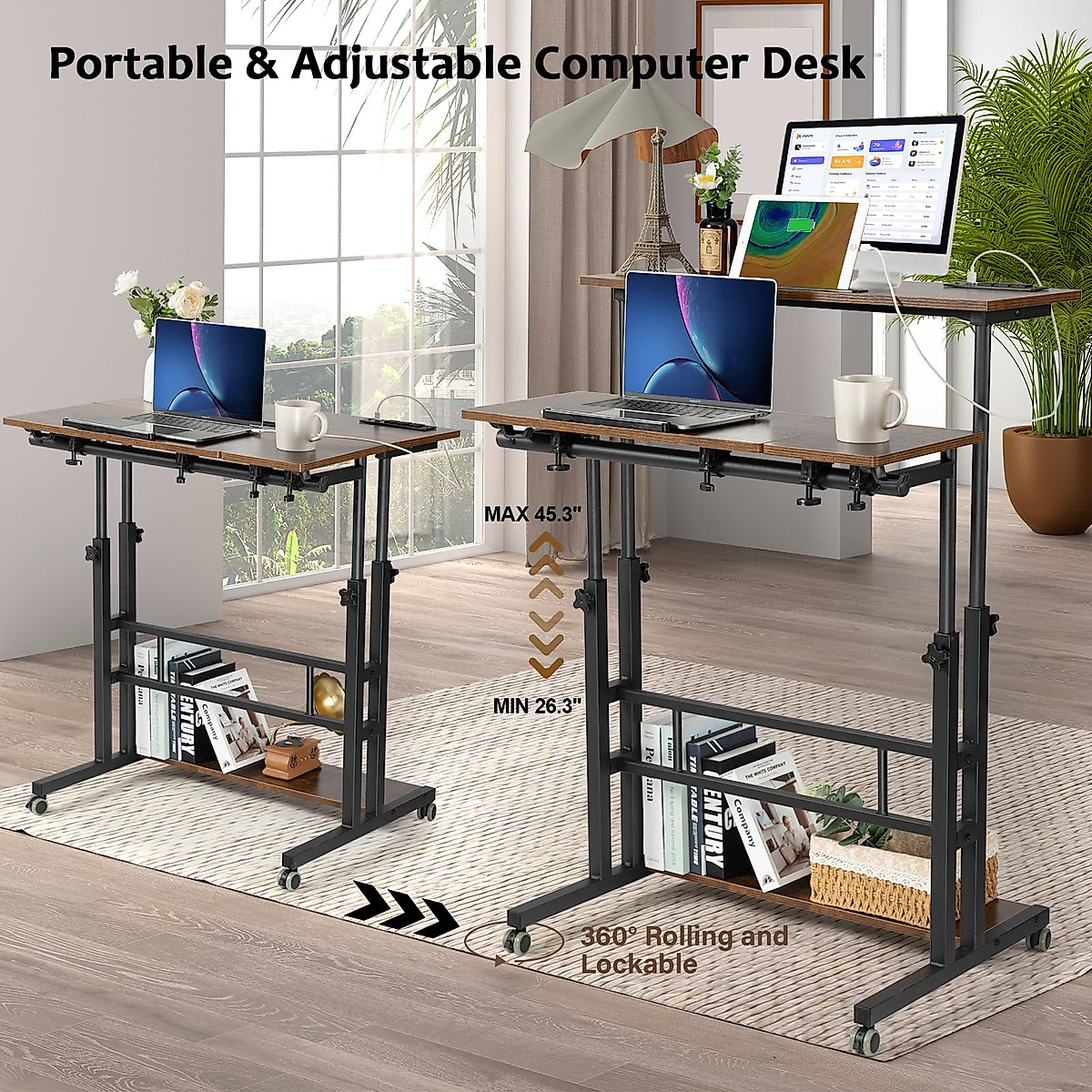 Hadulcet Mobile Standing Desk Adjustable Height, Rolling Desk Stand Up Desk, Mobile Laptop Desk, Rolling Computer Desk with Charging Station, Portable Desk with Wheels, Rustic Brown