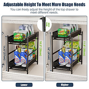 Housolution Under Sink Organizer and Storage, 2 Tier Metal Slide Out Under Cabinet Organizer with Stoppable Drawer, Height Adjustable Under Sink Shelf for Kitchen and Bathroom, Black