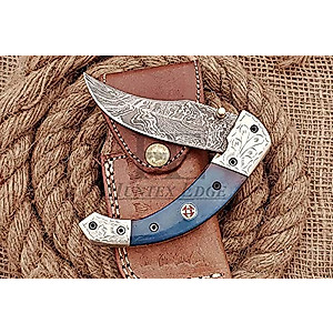 HUNTEX Custom Handmade Hand-Forged Twist Pattern Damascus Steel 4 Inch Long Natural Tinted Camel Bone Handle Razor Sharp Hunting Camping Folding Pocket Trailing Knife with Genuine Leather Pouch