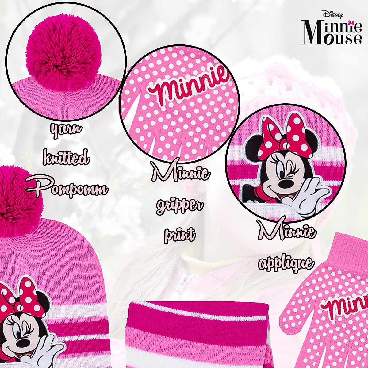 Disney Minnie Mouse Bowtique Girls Pink Hat Scarf and Glove Set - Size 4-14 [4014]