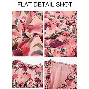 BLENCOT Women's Casual Boho Floral Printed Deep V Neck Loose Short Sleeve Long Evening Dress Ruched Cocktail Party Maxi Wedding Dress Red X-Large