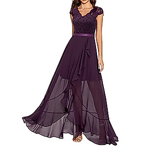Daisyaner Women's V Neck Formal Floral Lace Bridesmaid Maxi Dress Evening Party Elegant Dresses Evening Prom Dress Grape S