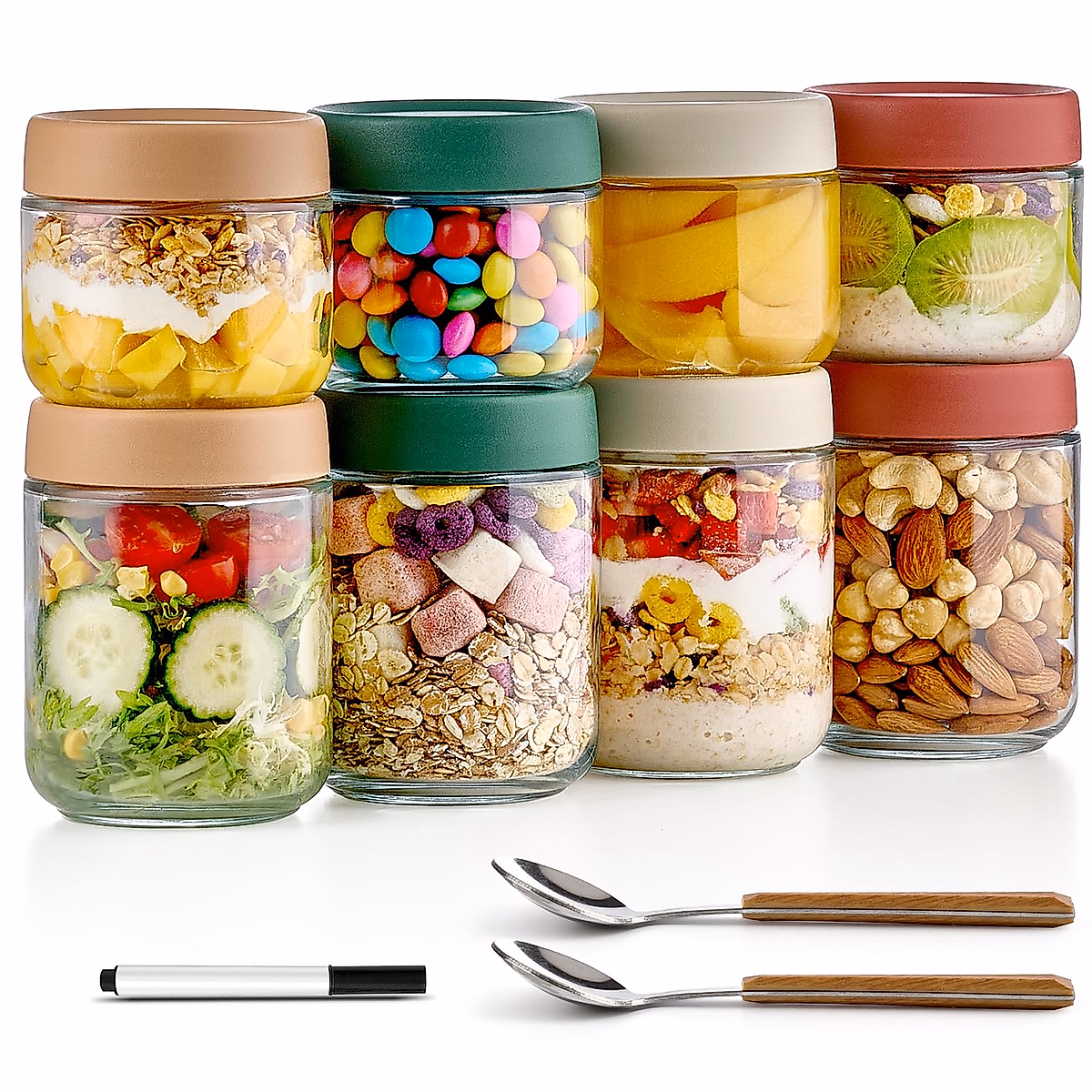 Qipecedm 8 Pack Overnight Oats Containers with Lids, Large & Small Glass Mason Jars 16oz & 10 oz, Breakfast Oatmeal Container to Go, Salad Meal Prep Jars for Food Storage, Mush Chia Seed Pudding Jars