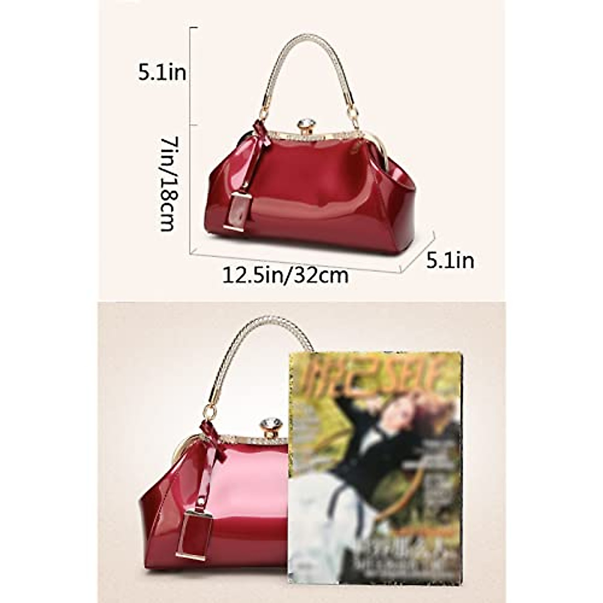 YAQUNICER Tote Bag Patent Leather Handbag for Women Top Handle Evening Bag Wedding Retro Purse-White