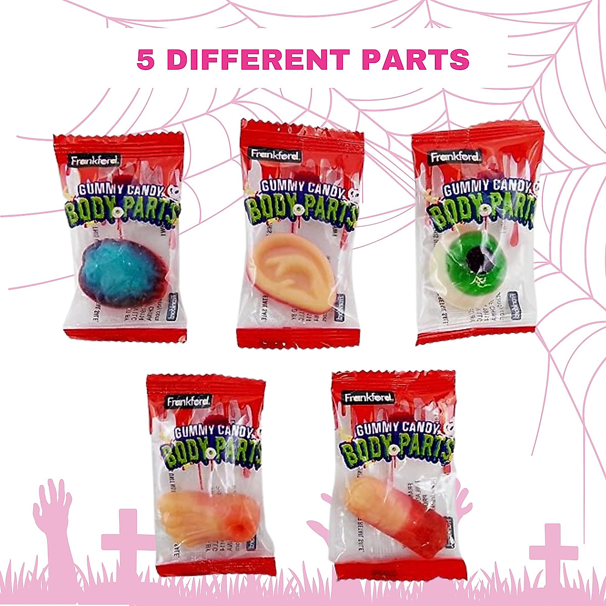 Gummy Candy Pack by Zombibites. Features One-13.2 Oz 50 Ct of Frankford's Body Parts Gummies Candies. Assorted Body Parts Candy for Halloween Gummies Candy. And a Free Zombibites Fridge Magnet!