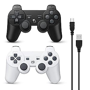 Powerextra PS-3 Controller Wireless Compatible with Play-Station 3, 2 Pack Double Shock High Performance Gaming Controller with Upgraded Joystick Double Shock for Play-Station 3 (Black + White)