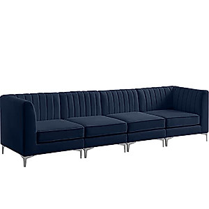 Meridian Furniture Alina Collection Velvet Upholstered Modular Sofa with Deep Channel Tufting, 119" Wide, Navy