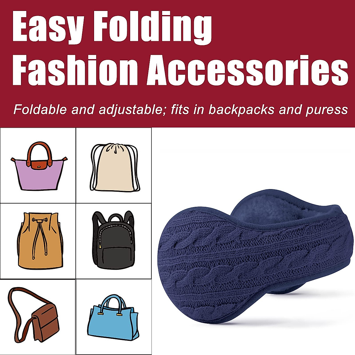 GERGELLA Knitted Ear Muffs for Women - Winter Ear Warmers Behind the Head Style - Ear Covers for Cold Weather Soft Fleece Earmuffs Navy 2PCS