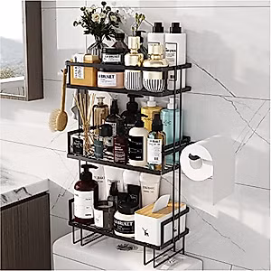 Fokyfok Over Toilet Bathroom Organizer,Over The Toilet Storage Shelf, Toilet Shelf with Toilet Paper Holder,Bathroom Shelf Over Toilet,3 Tier Toilet Storage Rack Black Metal (Black)