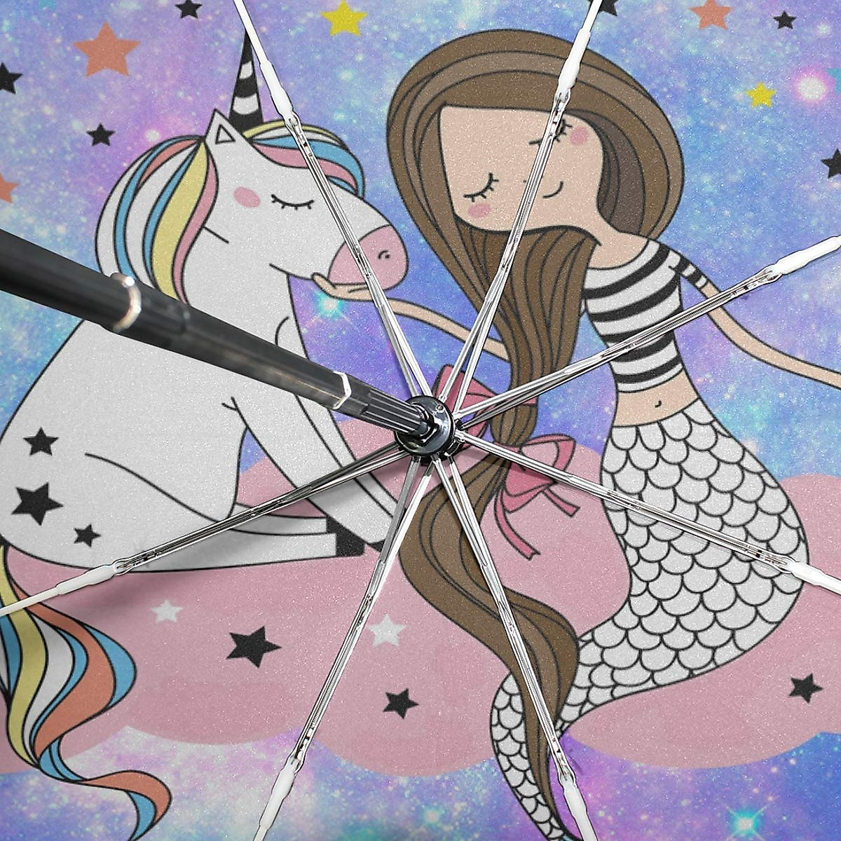 Wamika Cute Mermaid Unicorn Auto Umbrella Open Close Shining Stars Galaxy Umbrellas Windproof Travel Umbrella Lightweight Compact Parasol Umbrellas Sun & Rain