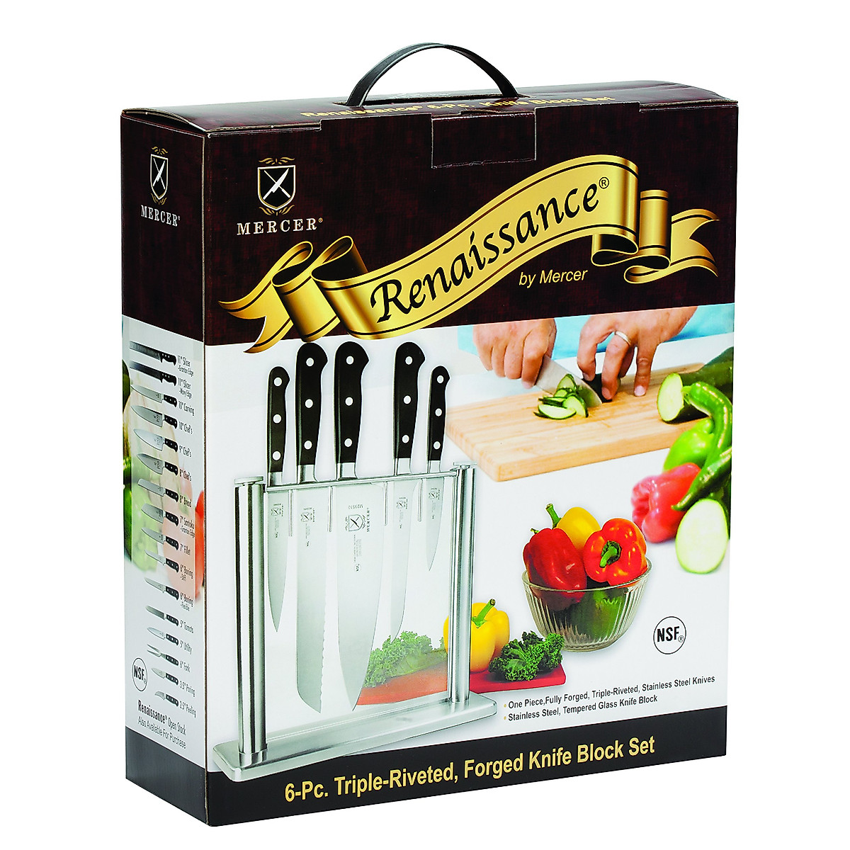 Mercer Culinary M23500 Renaissance 6-Piece Forged Knife Block Set, Tempered Glass Block