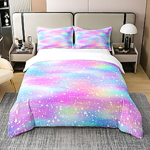 3 Pieces Strry Sky 100% Nature Cotton Duvet Cover Not Comforter,Watercolor Rainbow Tie-Dyed Universe Outer Space Bedding Set for Room Decor,Girly Women Galaxy Sky All Season Bedding Queen Size