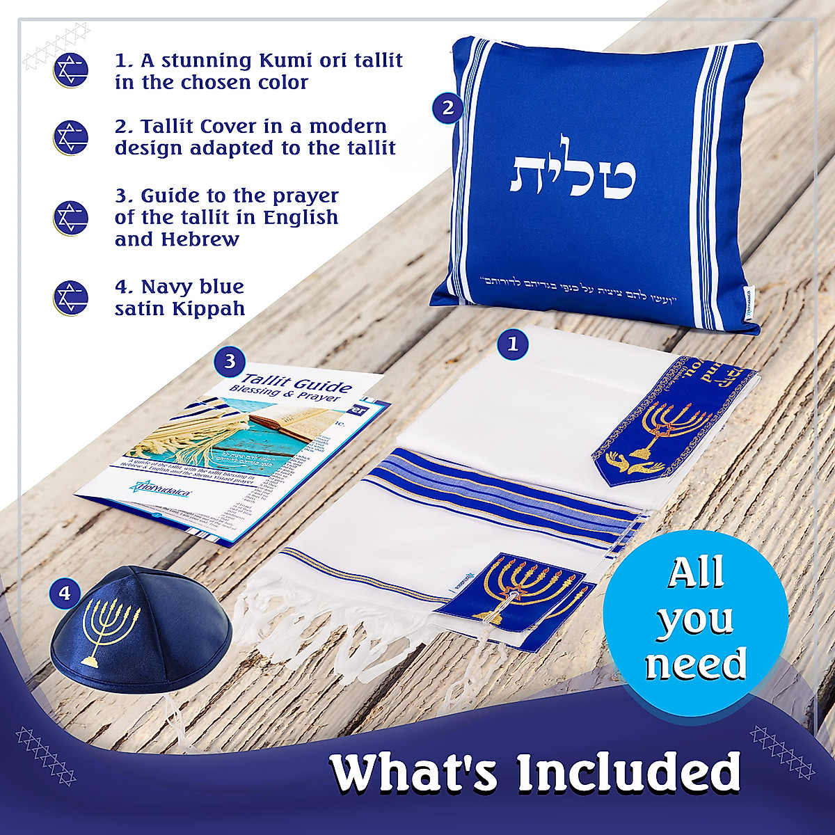 HolYudaica Tallit Prayer Shawl with Matching Bag, Certified Kosher, Kumi Ori 24"x72", Uniq Design on The Attara & Corners, Made in Israel, Soft Acrylic Tallit Prayer Shawl For Men & Women (Blue)