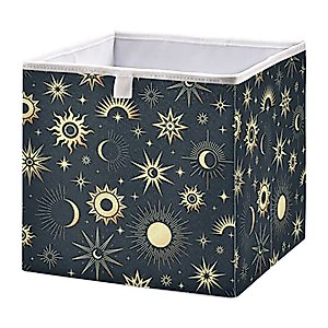 Gold Sun Moon and Stars Foldable Cube Storage Bins, 11 x 11 x 11 inches, Fabric Storage Baskets Bins for Nursery,Closet Shelf,Home Organization