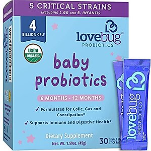 Lovebug Award Winning USDA Organic Probiotic for Babies | Multi-Strain 4 Billion CFU | Easy-to-Take Powder | Sugar Free | Ages 6-12 Months | 30 Packets
