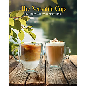 Kitchables Double Walled Glass Coffee Mugs Set of 2, 12oz - Insulated Glass Coffee Mug For Cappuccino, Latte, Tea, Espresso - Latte Cup - Tazas Para Cafe