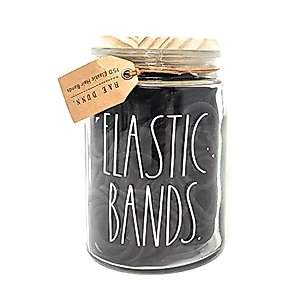 Rae Dunn by Magenta LL ELASTIC BANDS Large Jar, 150 elastic hair bands ties ponytail holders, 5.5" tall x 3.75" wide, Glass, Bathroom, Bedroom, Scrunchy, Holder, Storage, Organizer, Apothecary, Vanity