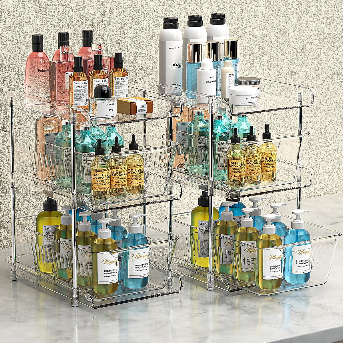 GoMaihe Bathroom Organizer Under Sink: 3-tier Clear Pull Out Medicine Cabinet Organizer - Sliding Storage Drawer for Makeup in Small Bathroom & Kitchen | Stackable & Anti-slip & Easy to Clean 2-pack