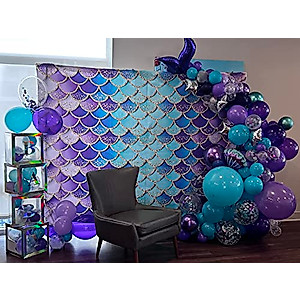 Avezano Mermaid Birthday Backdrop Glitter Mermaid Scales Backdrops Kids Birthday Party Decor Girls Princess Baby Shower Photo Background Purple Aqua Green Shell Backdrop (7x5ft)