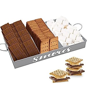 Webake Smores Tray with Food Tongs, Grey S'Mores Station Farmhouse S'Mores Bar Holder with Handles Rectangle Divided Metal Serving Tray