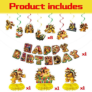 Mario Bowser Birthday Party Decorations, Include Banner,Hanging Swirls and Table Decorations Honeycomb Centerpieces for Cartoon Bowser Party Supplies.