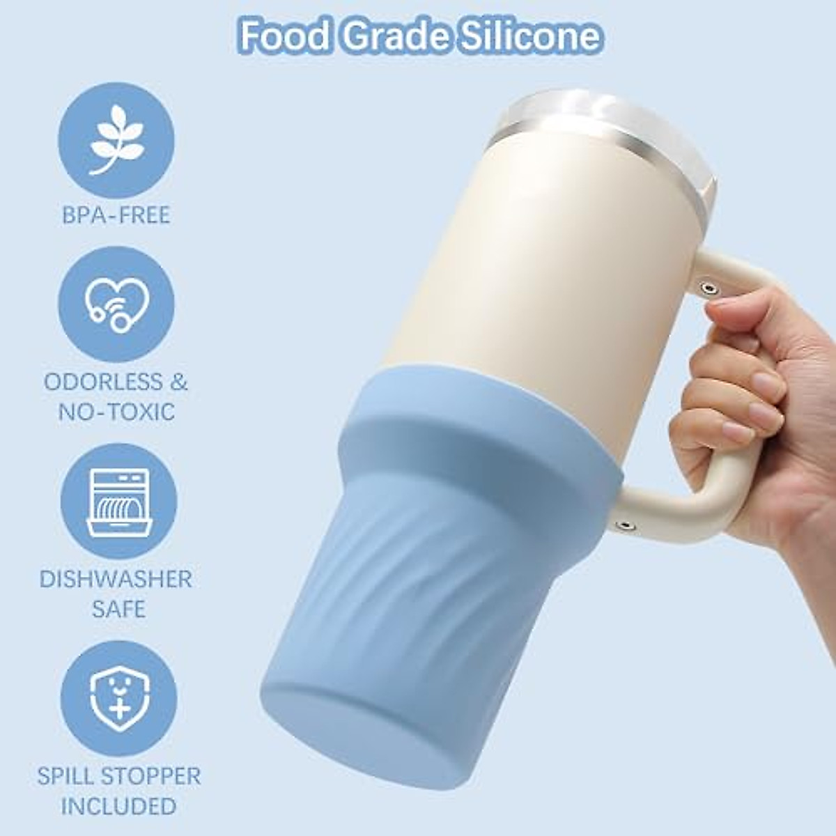 Silicone Cup Boot with 2 Pack Spill Stopper - Fit for 40 OZ Stanley Cup, Reusable Boot Sleeve for Outdoor, Bottom Protector - Light Blue