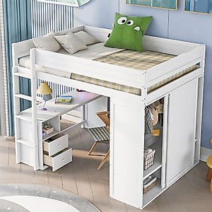 Harper & Bright Designs Full Size Loft Bed with Wardrobes and Desk, Solid Wood Loft Bed Frame with 2 Storage Drawers Cabinet, for Kids Teens Adults (White)