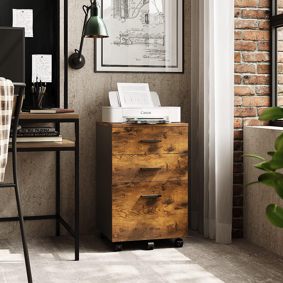 DEVAISE 3 Drawer Wood Mobile File Cabinet, Rolling Filing Cabinet for Letter/A4 Size, Rustic Brown